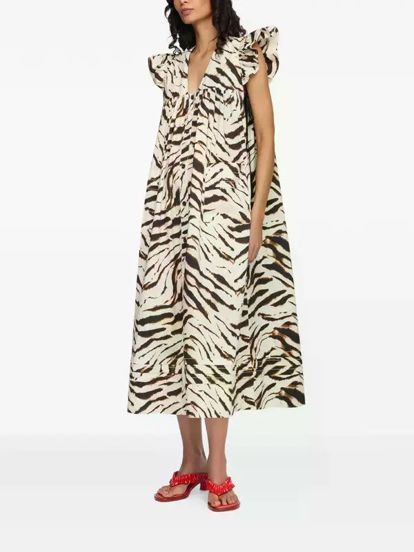 GANNI Tiger-print Ruffled Midi Dress