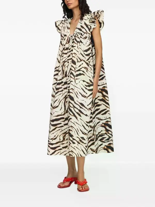 GANNI Tiger-print Ruffled Midi Dress - Neutrals