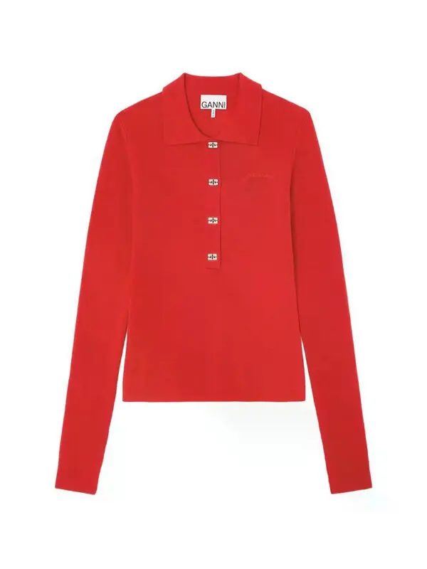 GANNI Logo Button Long Sleeve Polo Shirt - Red