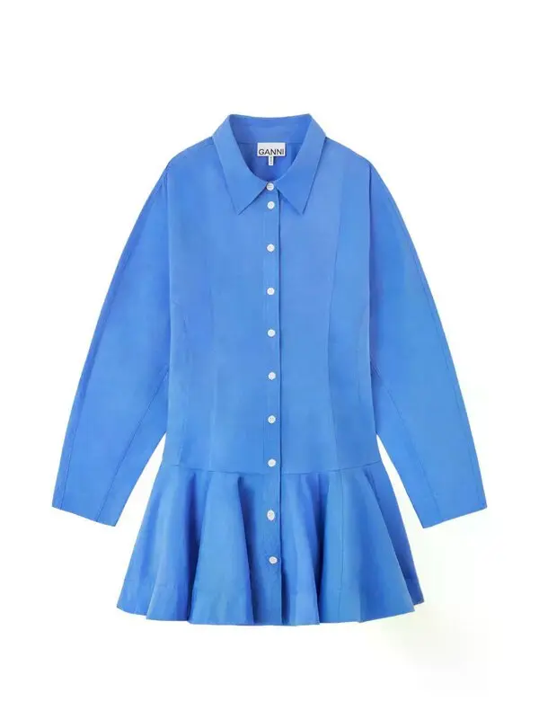 GANNI Cotton Shirt Dress With Ruffled Hem - Blue