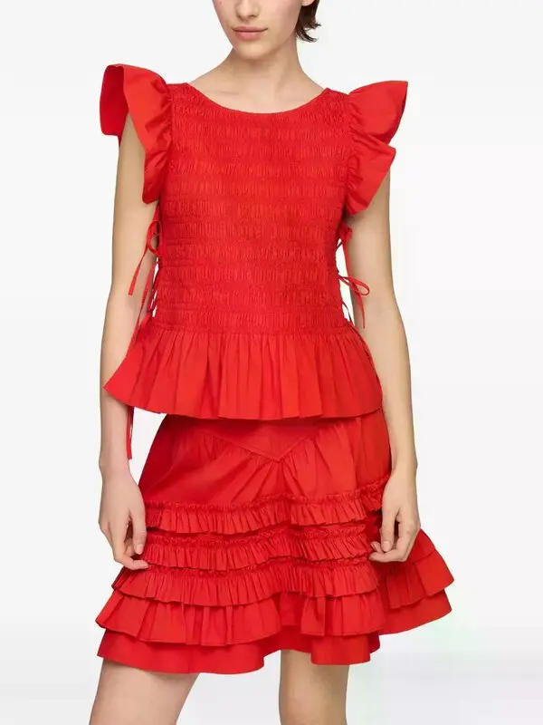 GANNI Smocked Cotton Top - Red
