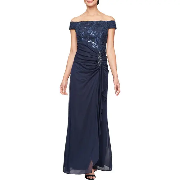 Alex Evenings Off-the-shoulder Embroidered Lace Gown