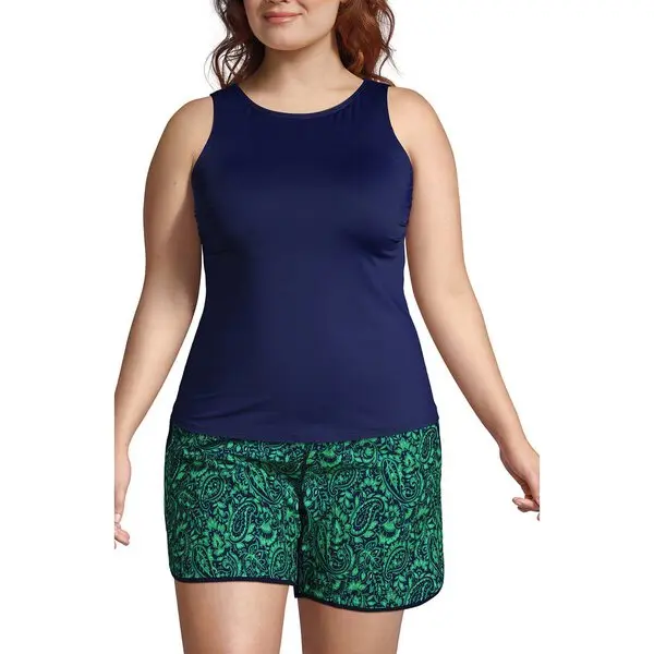 LANDS' END Long Torso High Neck Upf 50 Modest Tankini Swimsuit Top - Deep Sea Navy