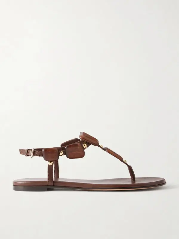 GIANVITO ROSSI Embellished Leather Flat Sandals - Brown