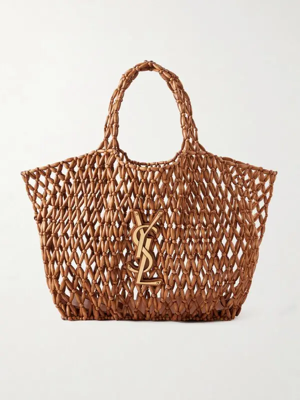 Saint Laurent Icare Beaded Wood Tote - Brown