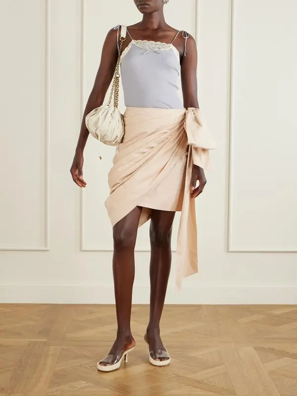 Chloé Bow-embellished Draped Cotton Midi Skirt - Neutrals