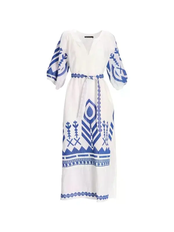 Greek Archaic Kori Feather-chevron Embroidered Midi Dress - White