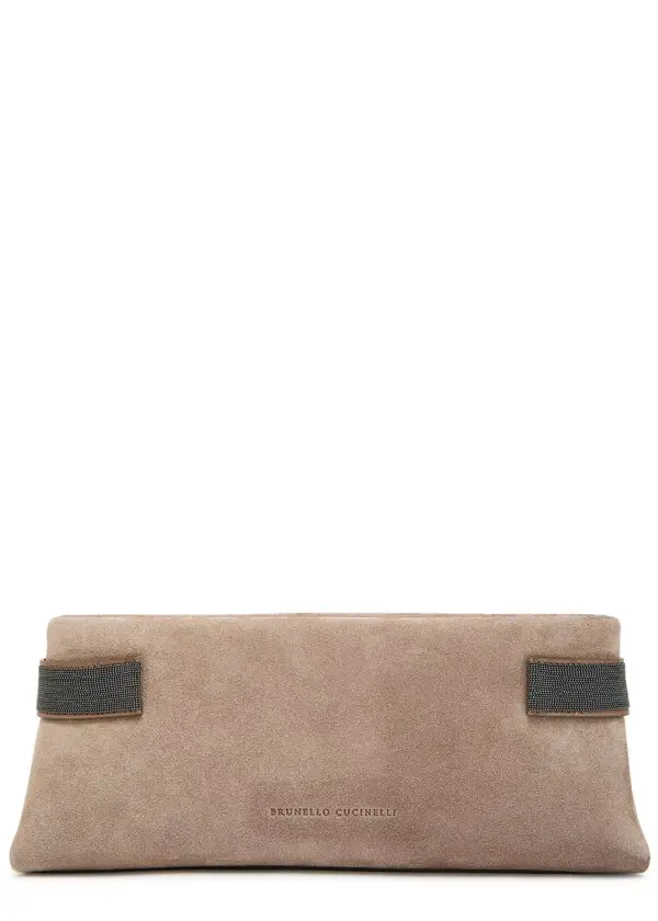 Brunello Cucinelli Bead Embellished Suede Clutch - Sand
