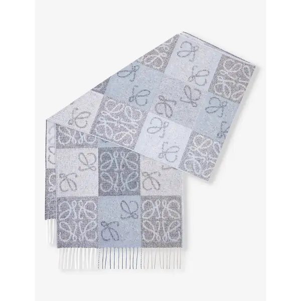 Loewe Anagram Branded-print Wool And Cashmere-blend Scarf - Blue/white