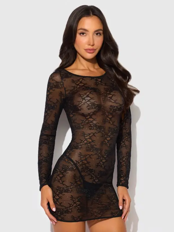 Frederick's Of Hollywood Pia Lace Long Sleeve Chemise With G-string - Black