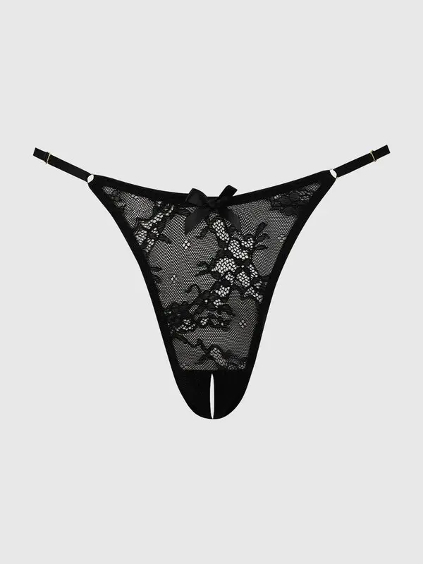 Frederick's Of Hollywood Pia Lace Crotchless Side Slider Thong - Black