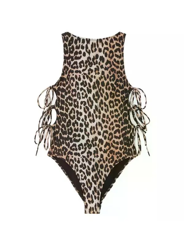 GANNI Leopard-print Lace-up Swimsuit - Neutrals