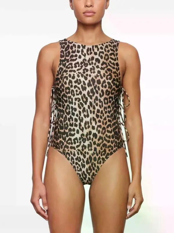 GANNI Leopard-print Lace-up Swimsuit