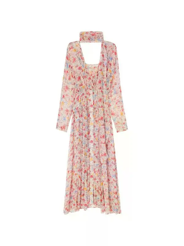 GANNI Floral Silk V-neck Long Sleeve Dress With Scarf Detail