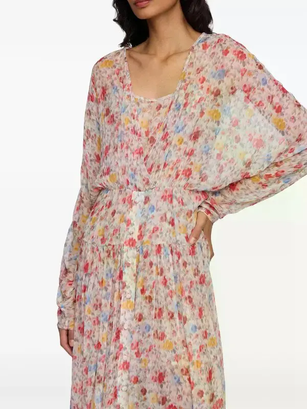 GANNI Floral Silk V-neck Long Sleeve Dress With Scarf Detail