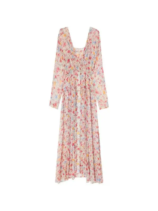 GANNI Floral Silk V-neck Long Sleeve Dress With Scarf Detail