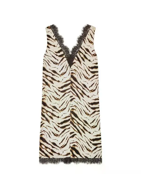 GANNI Zebra-print Lace-trim Midi Dress - Neutrals