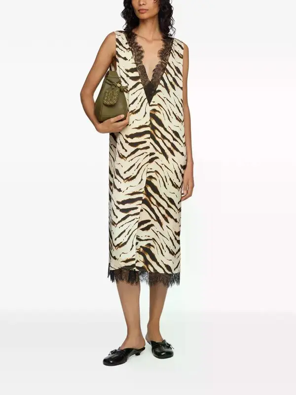 GANNI Zebra-print Lace-trim Midi Dress - Neutrals