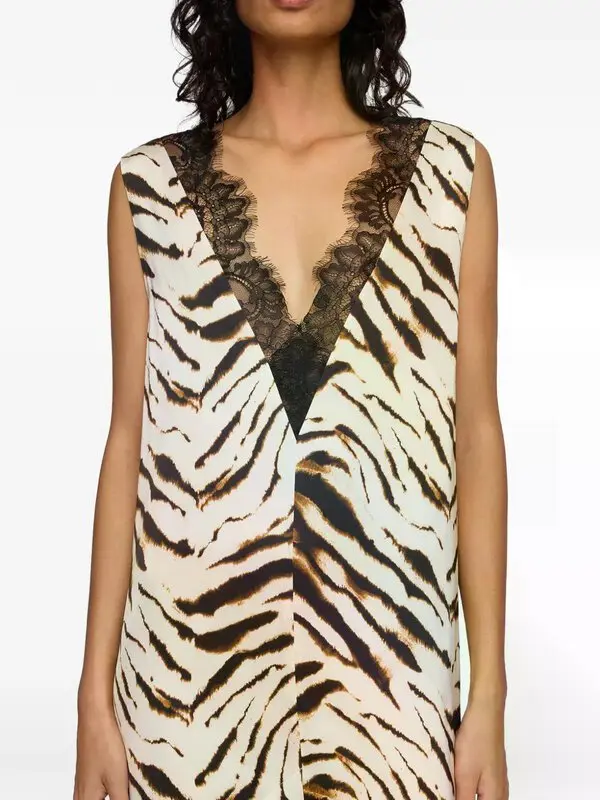 GANNI Zebra-print Lace-trim Midi Dress - Neutrals