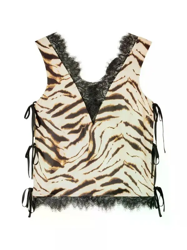 GANNI Tiger-print Lace-trim V-neck Top - Neutrals