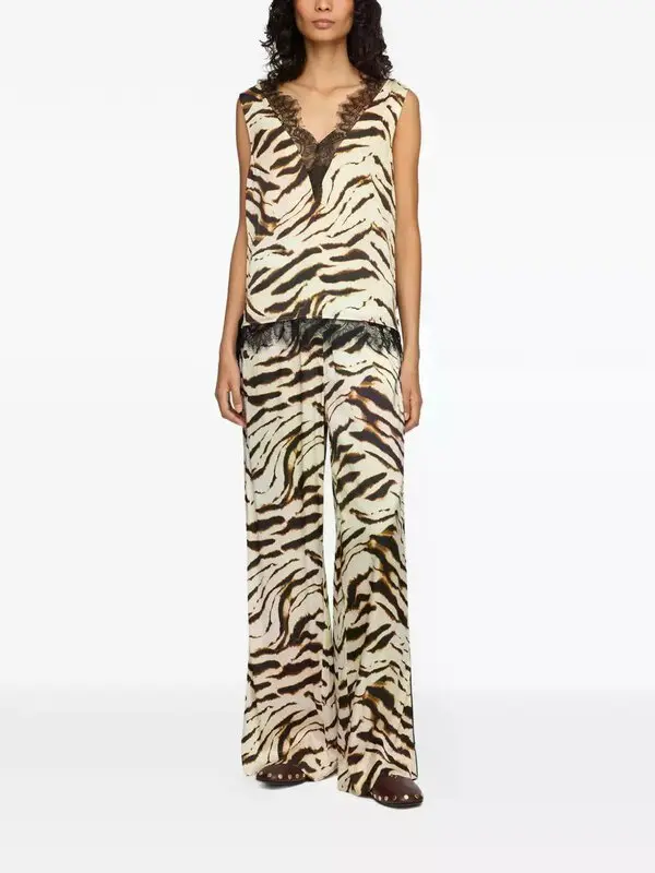 GANNI Tiger-print Lace-trim V-neck Top - Neutrals