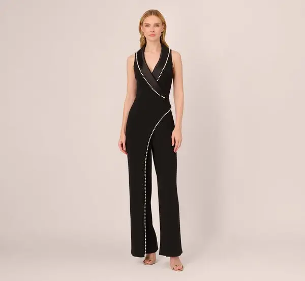 Adrianna Papell Sleeveless Tuxedo Jumpsuit With Pearl Trim - Black