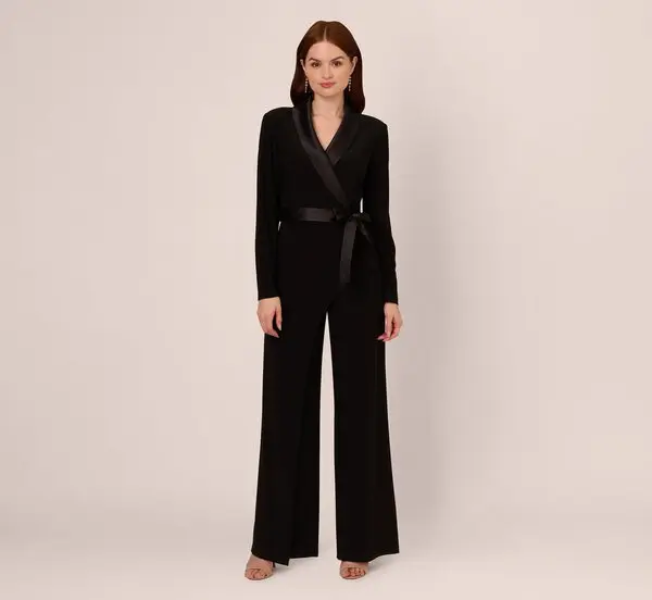 Adrianna Papell Jersey Wide Leg Tuxedo Jumpsuit With Charmeuse Details - Black