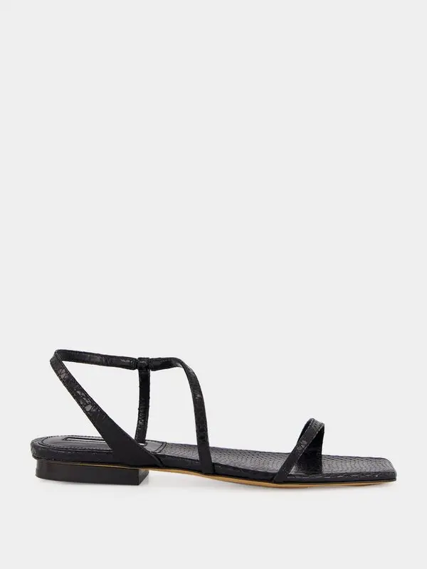 EMME PARSONS Embossed Snake Calfskin Flat Sandals - Black