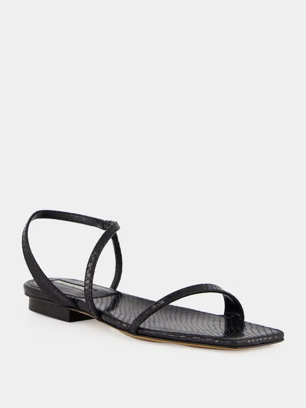 EMME PARSONS Embossed Snake Calfskin Flat Sandals - Black