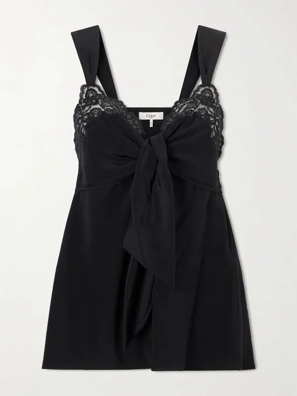 Chloé Knotted Lace-trimmed Silk Crepe De Chine Tank - Black