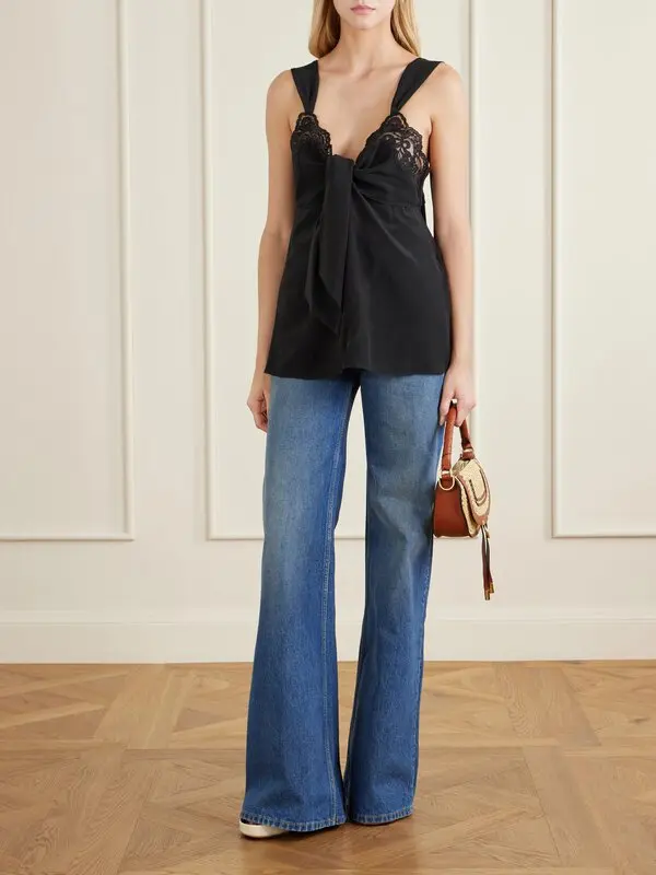 Chloé Knotted Lace-trimmed Silk Crepe De Chine Tank