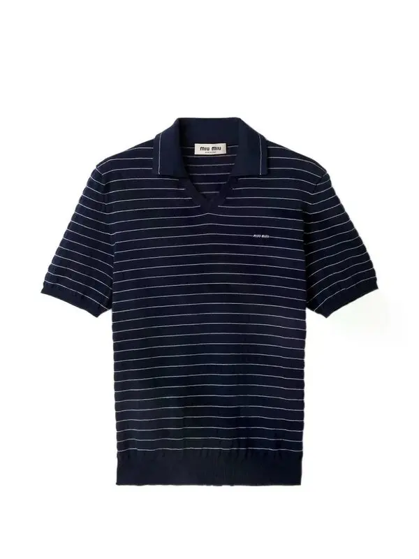 Miu Miu Striped V-neck Polo Shirt With Ribbed Hem - Blue