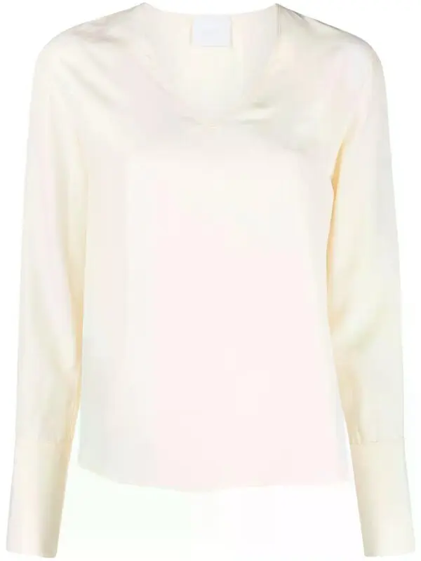 MERCI V-neck Silk Blend Blouse With Buttoned Cuffs - Neutrals