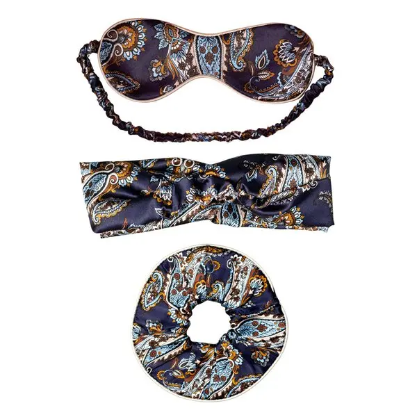 OH!ZUZA NIGHT&DAY Silk Accessories Trio: Sleep Mask, Headband & Scrunchie In Navy Paisley - Blue