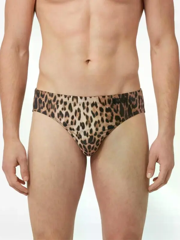 Moschino Leopard Print Logo Plaque Swim Trunks