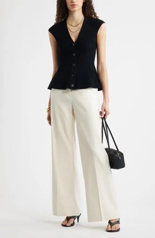 Nordstrom Ribbed Peplum V-neck Top With Cap Sleeves - Black