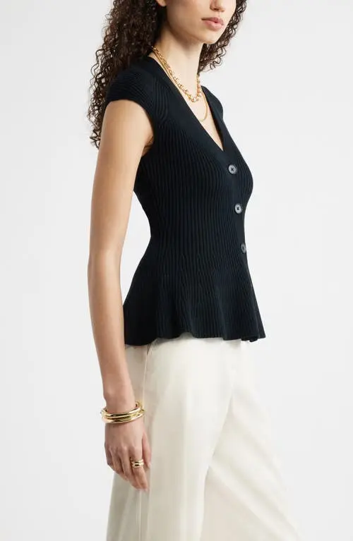 Nordstrom Ribbed Peplum V-neck Top With Cap Sleeves - Black