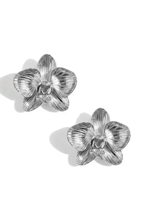 IMBER Orchid Flower Statement Stud Earrings - Silver