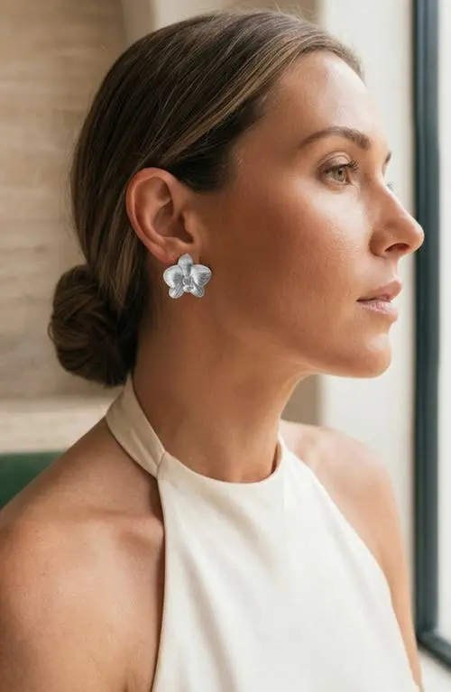 IMBER Orchid Flower Statement Stud Earrings - Silver
