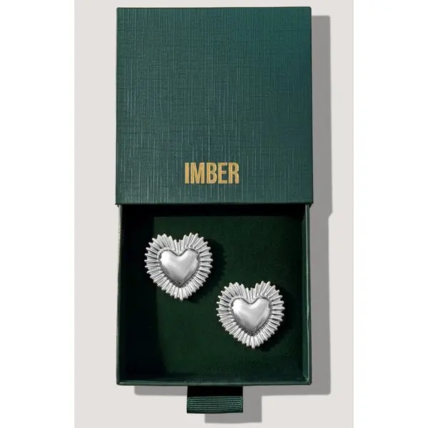 IMBER Oversize Puffy Heart Sculptural Statement Earrings - Silver