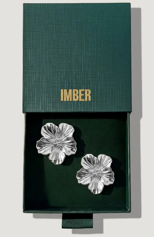 IMBER Hibiscus Flower Sculptural Statement Earrings - Silver