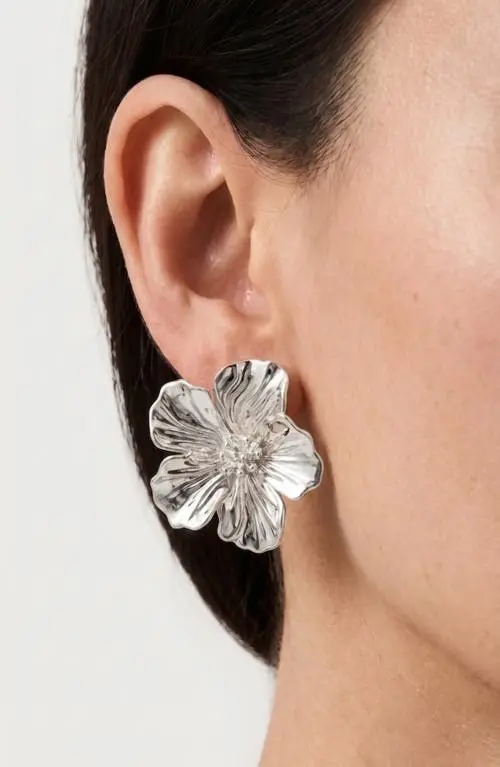 IMBER Hibiscus Flower Sculptural Statement Earrings - Silver