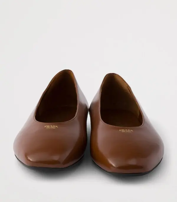 Prada Leather Logo Ballet Flats - Brown