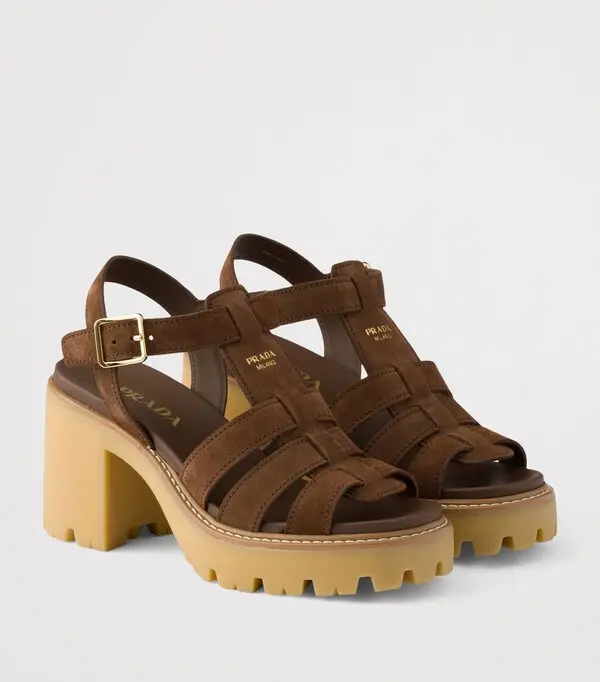 Prada Suede Platform Heeled Sandals - Brown
