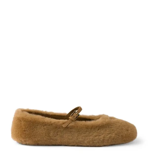 Prada Shearling Ballet Flats With Logo Detail