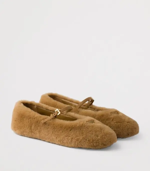 Prada Shearling Ballet Flats With Logo Detail