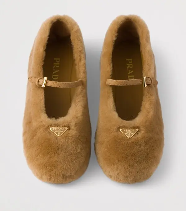 Prada Shearling Ballet Flats With Logo Detail