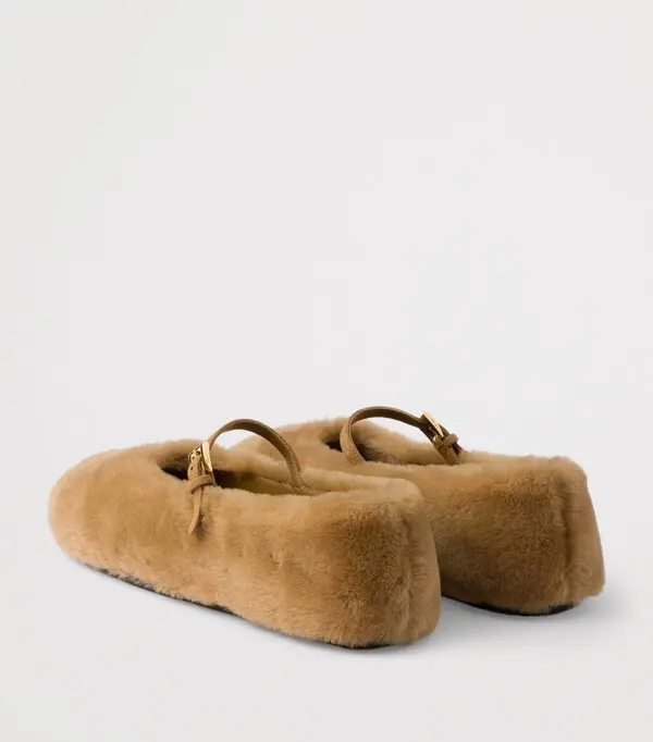Prada Shearling Ballet Flats With Logo Detail