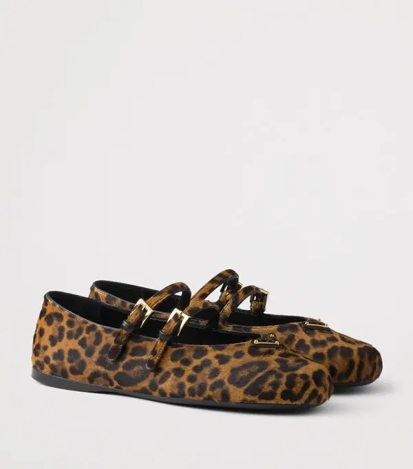 Prada Brushed Leather Leopard Print Ballet Flats - Neutral