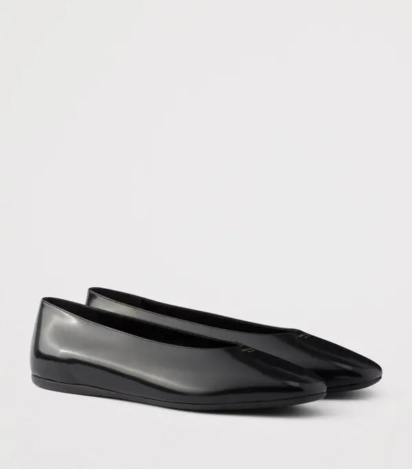 Prada Leather Ballet Flats With Gold Tone Logo Detail - Black